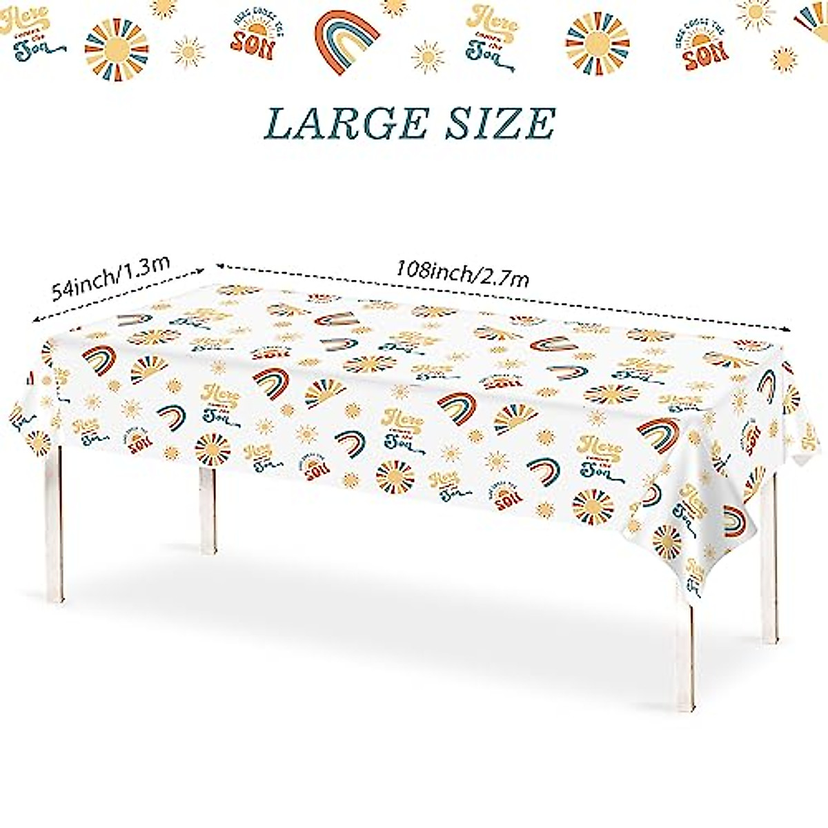 Lopeastar 3 Pieces Here Comes The Son Baby Shower Decorations Tablecloths, Large Size 54 x 108 Inch Rectangular Plastic Boho Sun Party Table Cover, Sunshine Table Cloths for Boys Kids