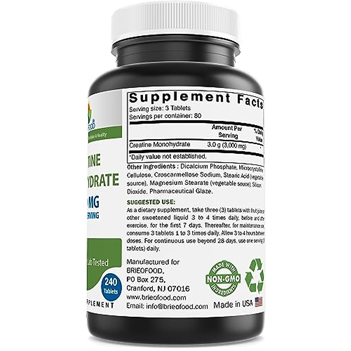 Brieofood Creatine Pills 3000 mg per Serving - 240 Tablets - 3rd Party Lab Tested for Purity & Quality - Helps Improve Athletic Performance