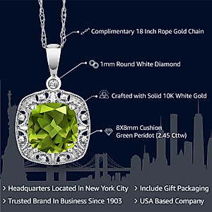Gem Stone King 10K White Gold Cushion Green Peridot and Diamond Accent Pendant Necklace For Women (2.45 Cttw, Gemstone Birthstone, 8MM Center)