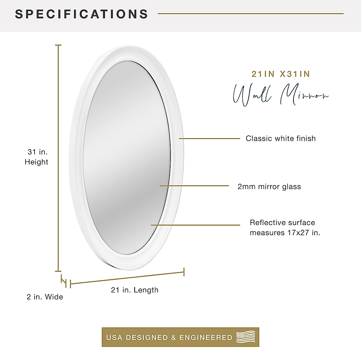 MCS 20458 Oval Wall Mirror, 21 x 31 Inch, White