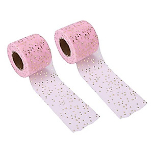 Cyrank Tulle Rolls 2pcs, 6cm Width 25 Yards Tulle Fabric with Gold Stars Patterns Glitter Tulle Rolls for Chair Ties Tutu Skirt Wedding Decor Gift Wrapping(Pink)