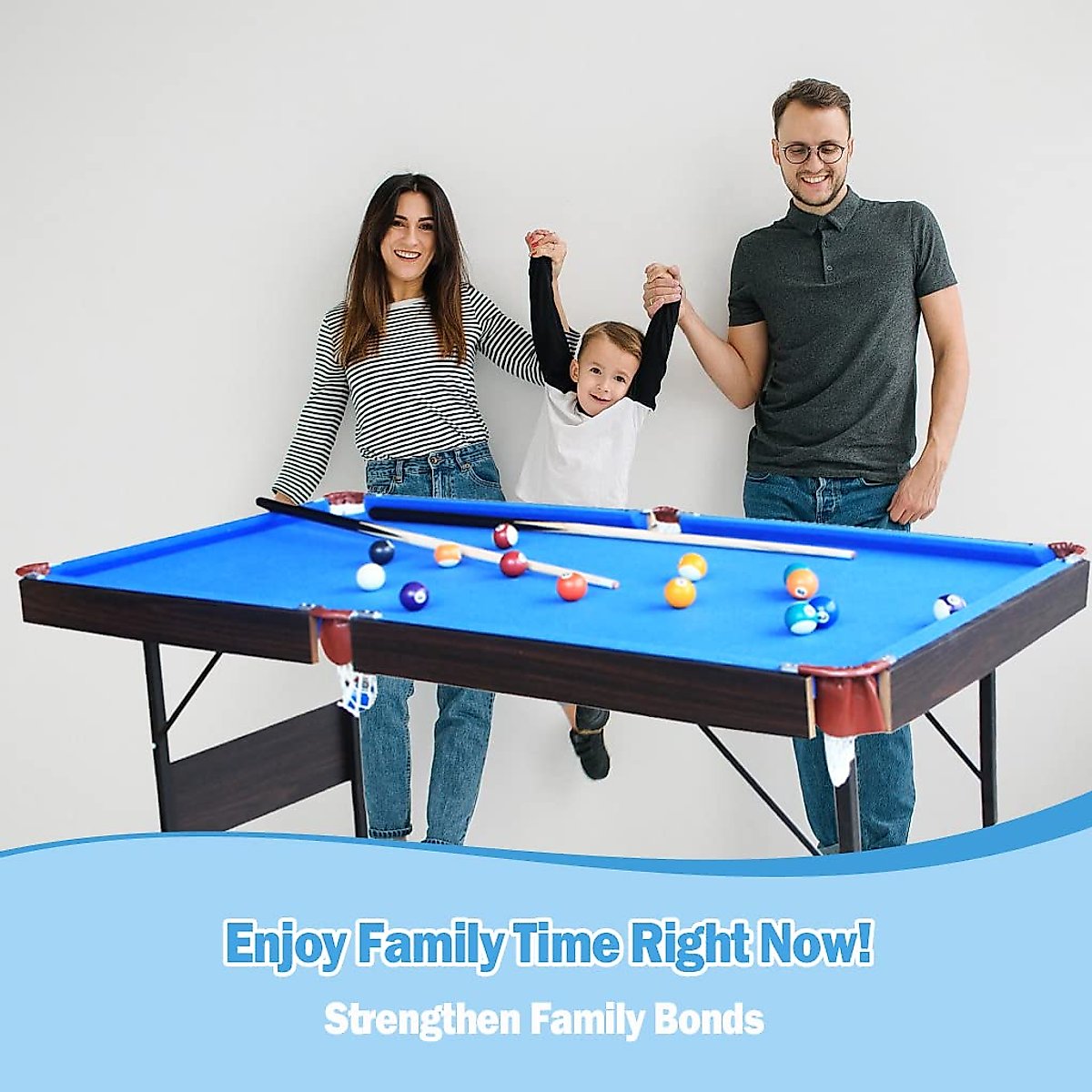 55" Folding Pool Table Set Mini Billiard Pool Table Portable Table Top Snooker Game with Accessory, Simple Assembly, Blue
