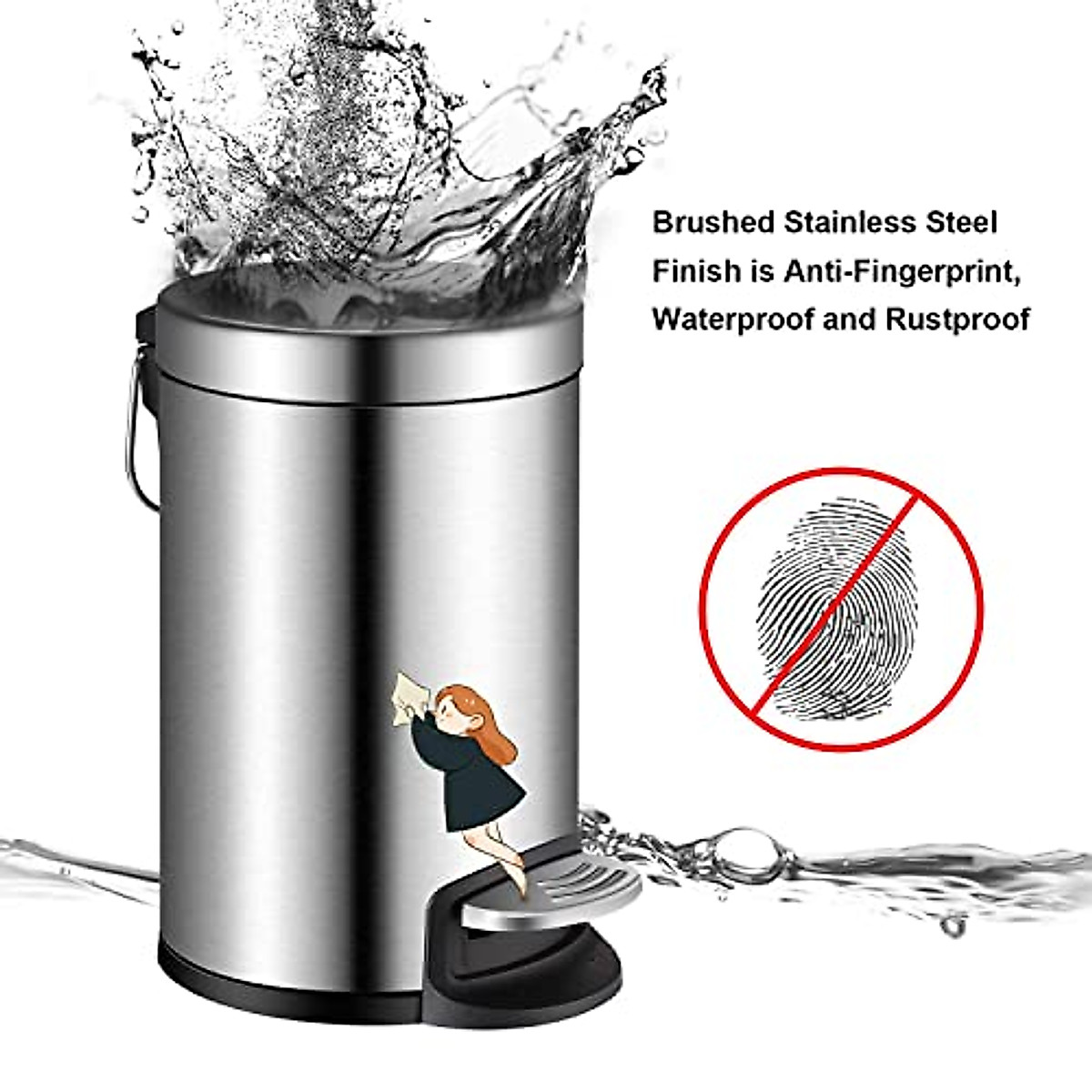 Round Small Trash Can with Lid Soft Close and Removable Inner Wastebasket, Anti-Fingerprint Brushed Stainless Steel Garbage Can for Bathroom Bedroom Office, 1.3Gal/5L