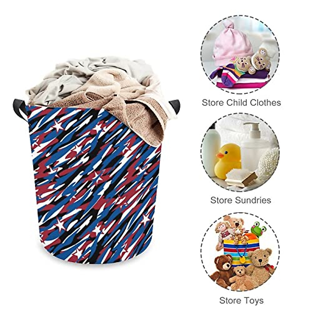 USA Patriotic Camouflage Large Laundry Basket Hamper Bag Washing with Handles for College Dorm Portable