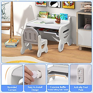 HONEY JOY Kids Table and Chair Set, Plastic Children Activity Table and Chair w/Graffiti Desktop, Storage, Markers & Eraser, Toddler Table and Chair Set for Daycare Playroom Classroom (Gray)