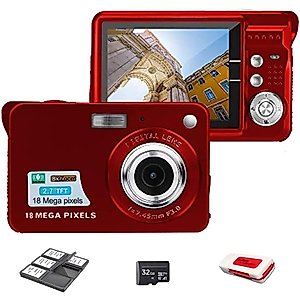 eDealz 18MP Megapixel Digital Camera Kit with 2.7" LCD Screen, Rechargeable Battery, 32GB SD Card, Card Holder, Card Reader, HD Photo & Video for Indoor, Outdoor Photography for Adults, Kids (Red)