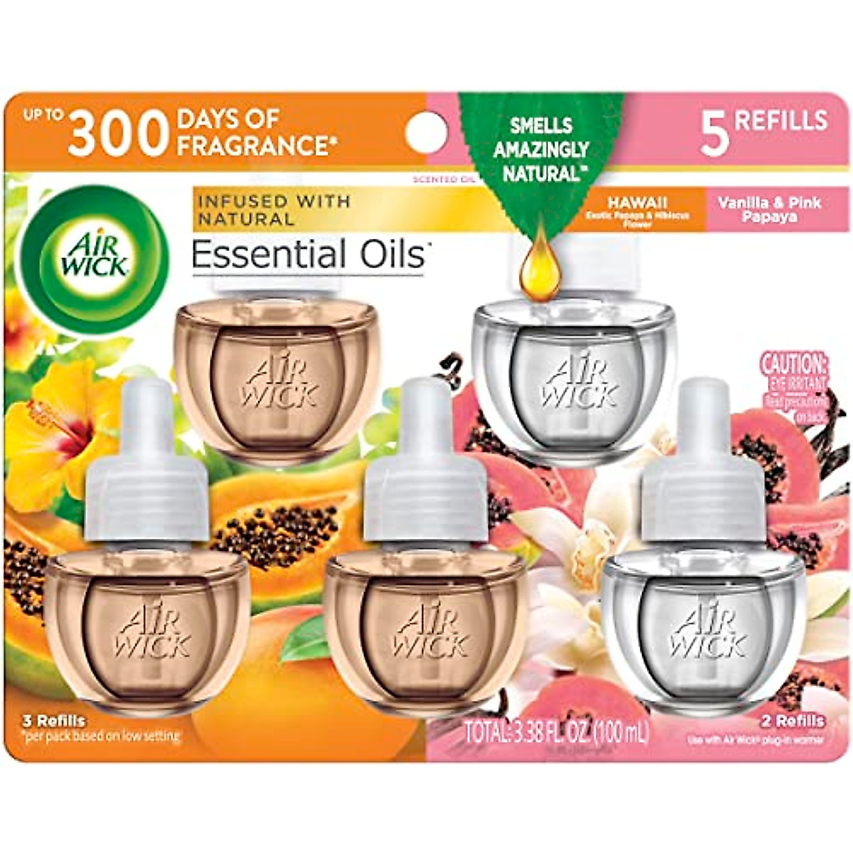Air Wick Plug in Scented Oil Refill, 5 ct, Hawaii and Vanilla & Pink Papaya, Air Freshener, Essential Oils