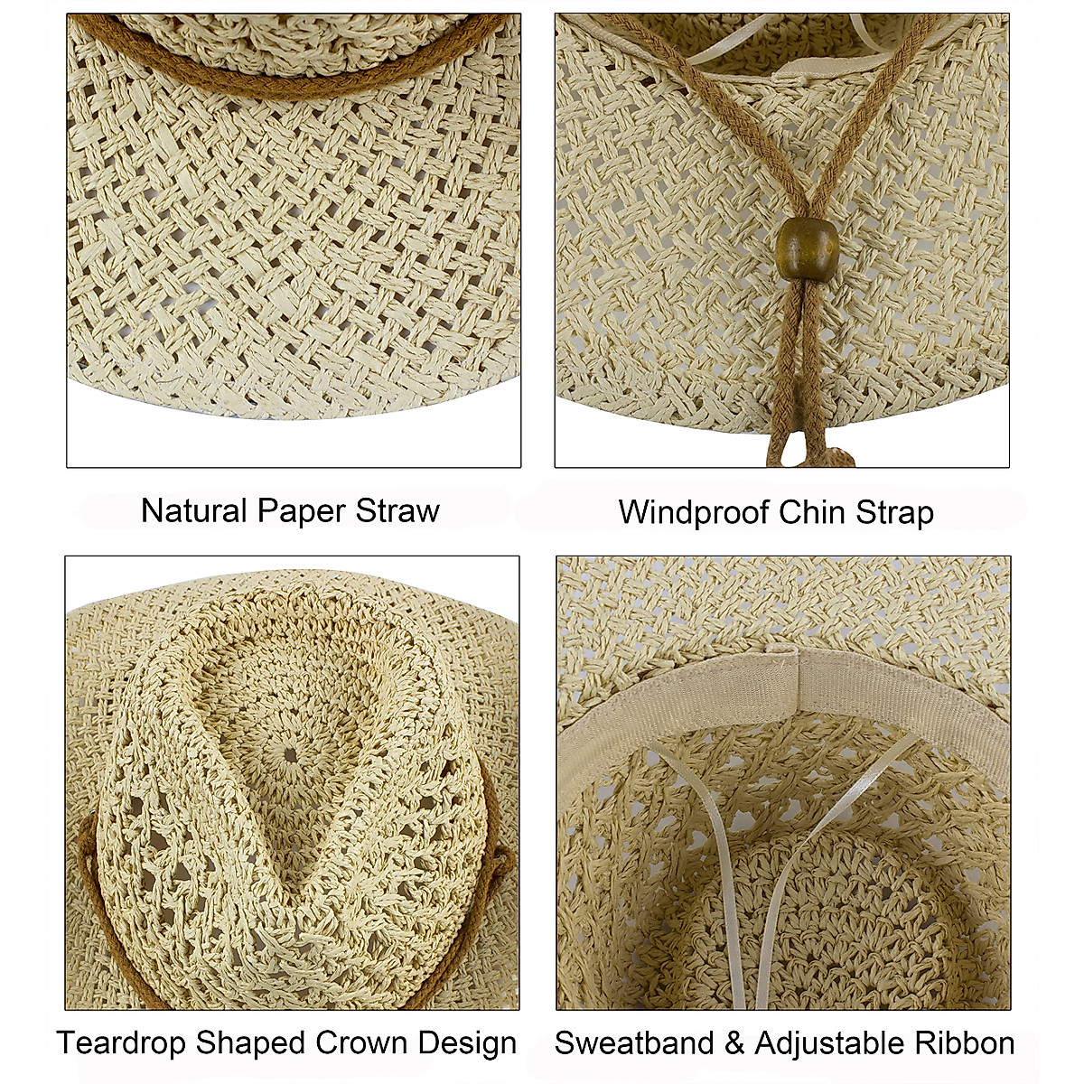 Muryobao Womens Summer Straw Hat Wide Brim Outdoor UV Protection Cowboy Sun Hat Foldable Packable Fedora Travel Beach Cap UPF 50+ with Wind Lanyard Khaki