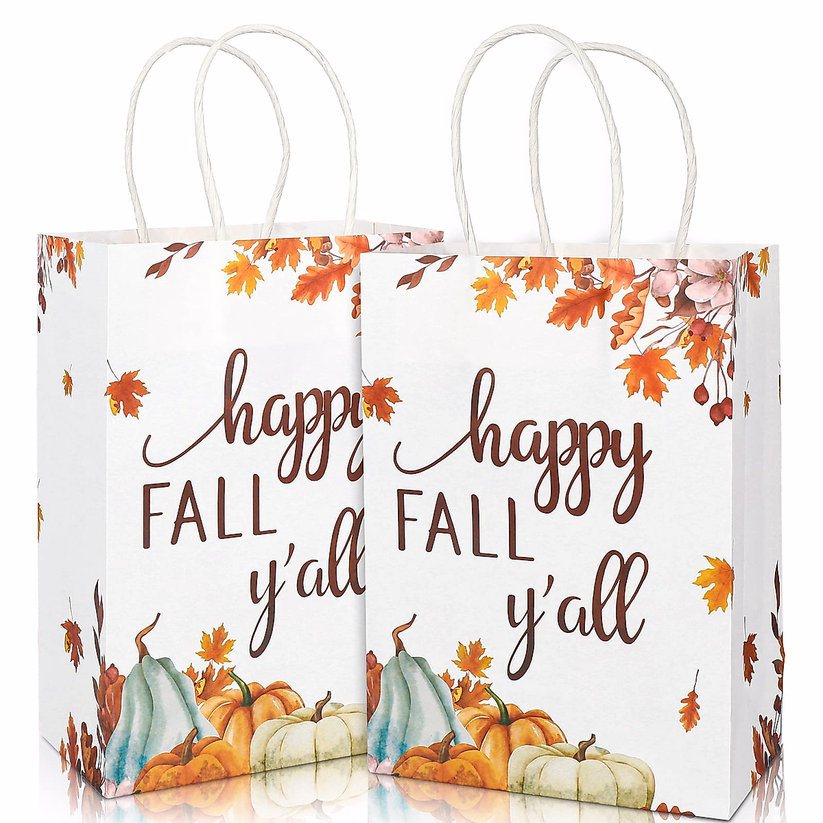 AnyDesign 16Pcs Happy Fall Y'all Gift Bags Autumn Maple Leaves Pumpkin Pattern Paper Bag with Handle for Thanksgiving Day Fall Themed Wedding Birthday Bridal Shower Party Favors, 5.9 x 8.3 x 3.2 Inch