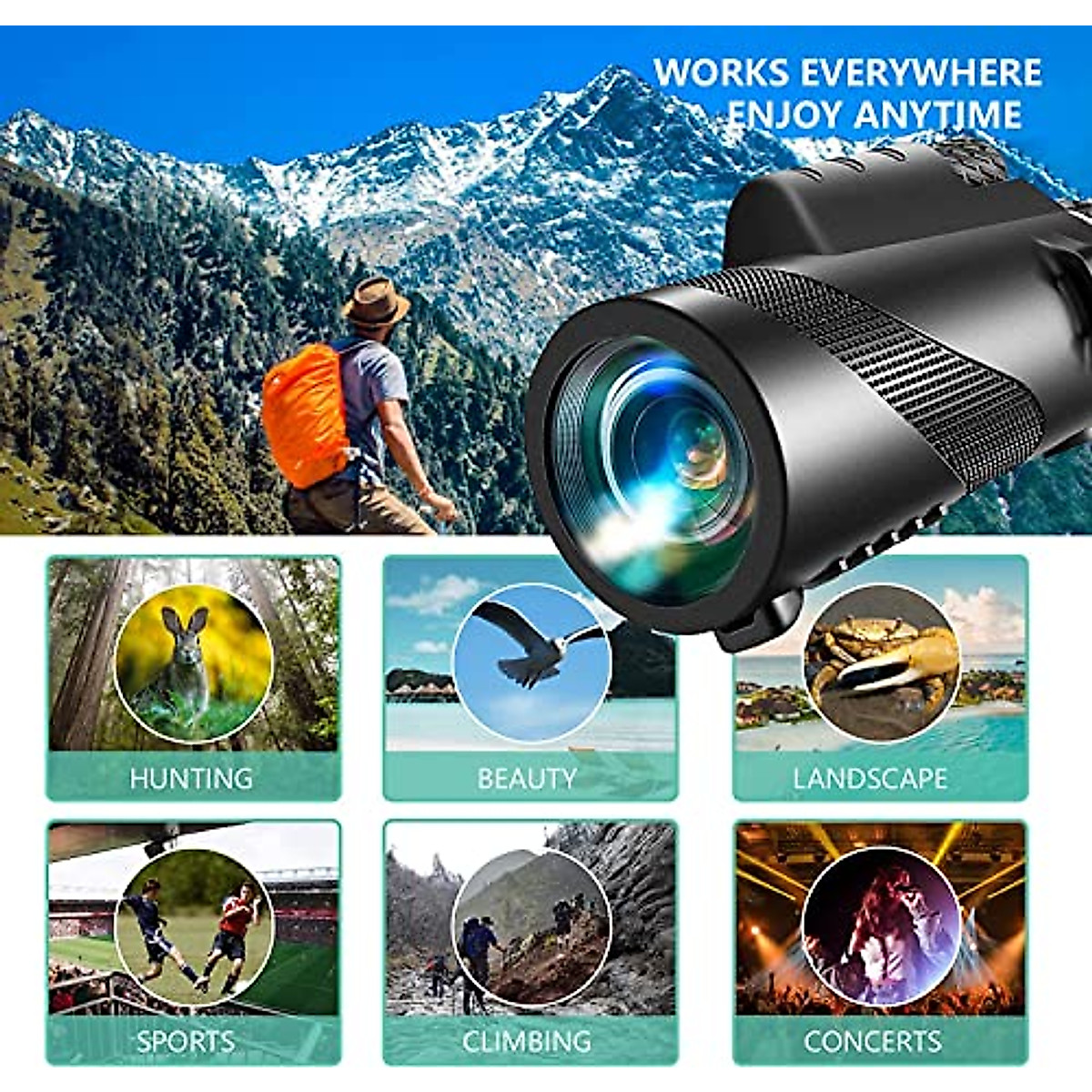 80x100 Monocular-Telescope for Adults High Powered Compact Monoculars with Smartphone Holder & Tripod, BAK4 Prism for Stargazing Hunting Hiking Travel Bird Watching Camping Wildlife Scenery