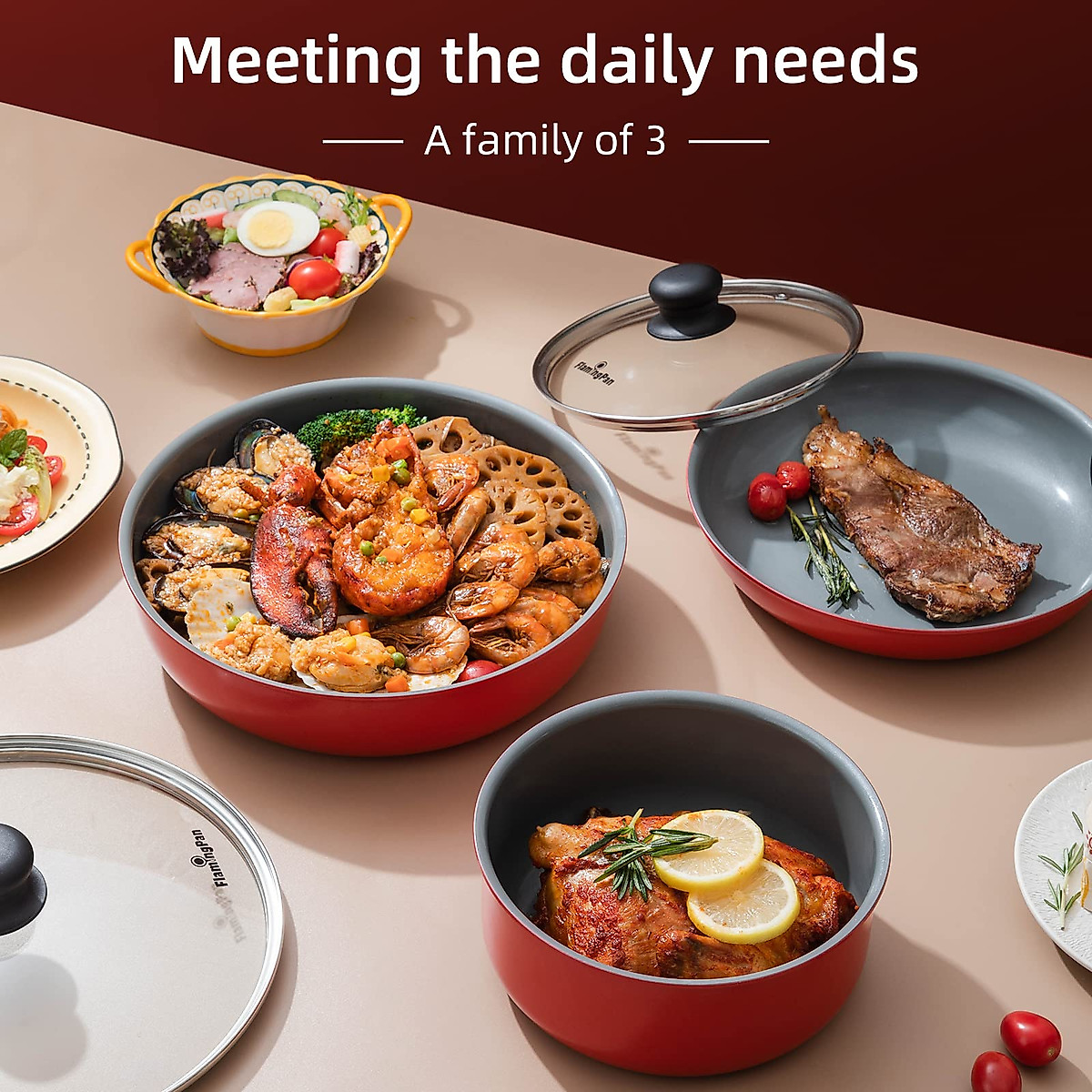 Flamingpan 6 Pieces Detachable Pots and Pans Set and Nonstick Cookware Set with Removable Handle, Dishwasher & Oven Safe, Suitable for All Stovetops (Red)