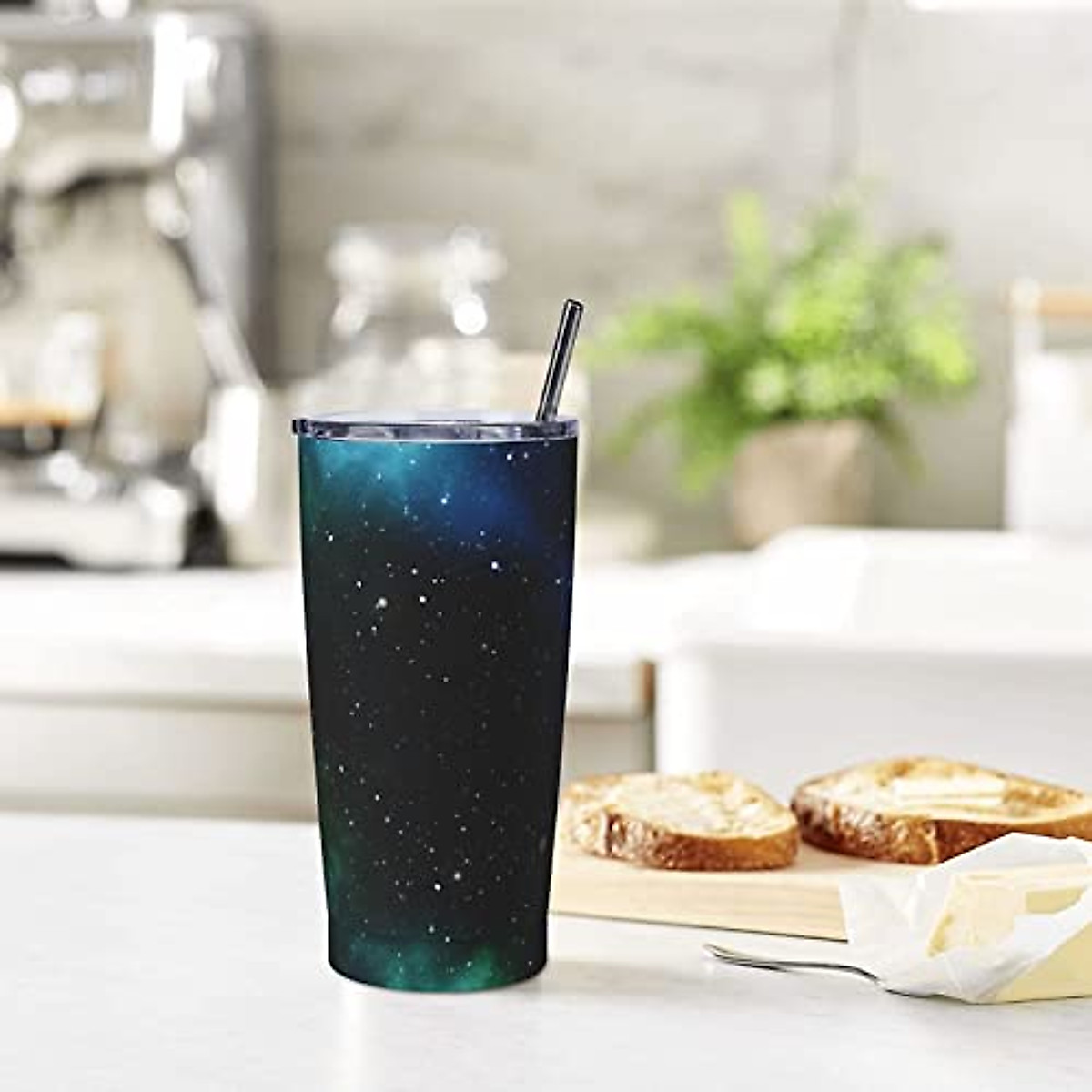 QQLADY 20oz Travel Coffee Mug Galaxy Green Insulated Tumbler with Lid And Straws Reusable Stainless Steel Water Bottle Travel Coffee Cups Tumbler For Women Men