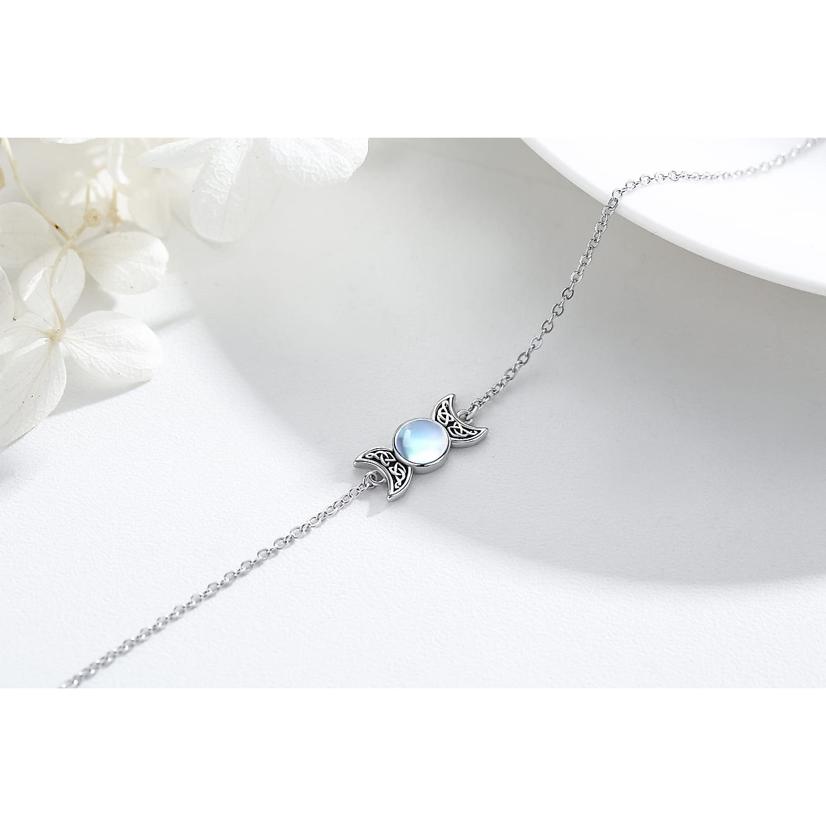 lotus & leaf Triple Moon Goddess Bracelet Sterling Silver Moonstone Moon Jewelry Pagan Wiccan Amulet Bracelet Triple Moon Goddess Gifts for Women