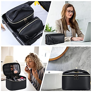 Makeup Bag 2 Pcs Cosmetic Bag Waterproof Large Make Up Bag for Travel Bow-Knot Storage Bag Portable Cosmetic Pouch Makeup Brush Organizer Toiletry Case for Women and Girls Black