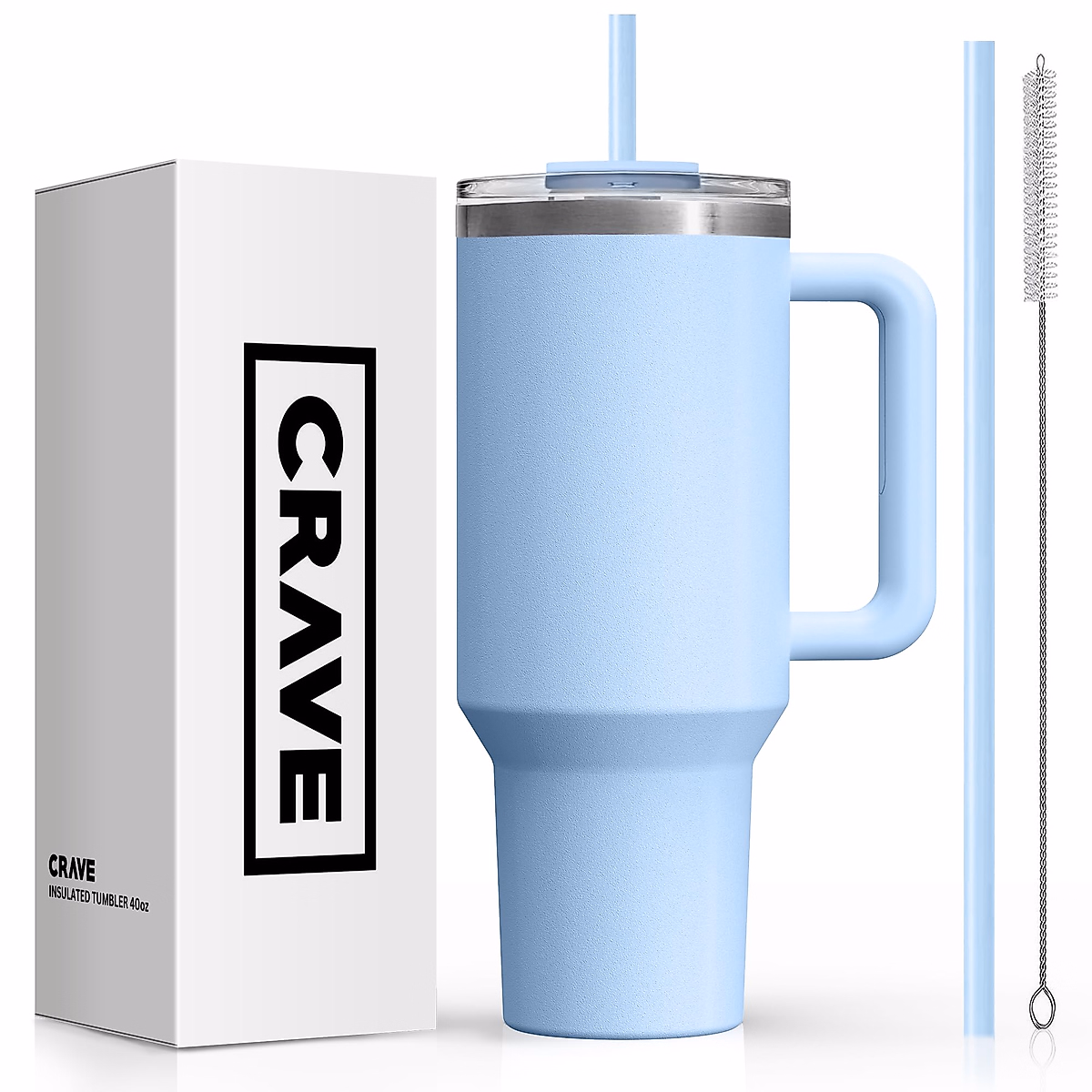 Crave Cups 40oz Tumbler with Lid and Straw l Reusable Spill Proof Double Wall Insulated Stainless Steel Water Bottle Travel Mug l Cupholder Friendly Vacuum Sealed Tumbler with Handle (Chambray)
