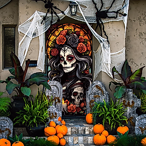 Day of The Dead Door Cover Dia De Los Muertos Backdrop Sugar Skull Rose Altar Mexican Fiesta Party Decorations and Supplies for Home