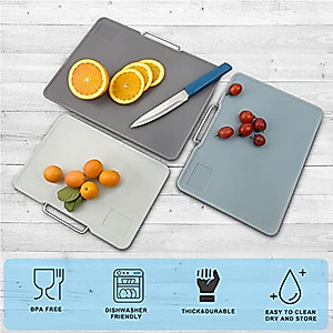 FIVETAS cutting boards for kitchen dishwasher safe,set of 3 with holder,plastic cutting boards with Easy-Grip Handles.GARLIC GRINDING AREA. BPA Free, Non-porous Non-Slip Feet