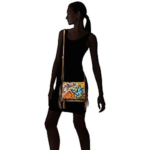 Anna by Anuschka Women's Genuine Leather Flap-Over Cross Body | Hand Painted Original Artwork | Floral Paradise Tan