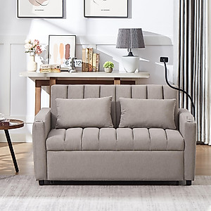 56'' Convertible Sleeper Sofa Bed,Full Loveseat Futon Pull Out Couch Sofá for Small Space,3 USB Ports,2 Cup Holders,360°Swivel Phone Holder,Modern Couches Sofabed Living Room,RV Hide-a-Bed (Gray)