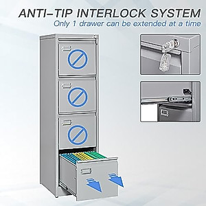 Yizosh 4 Drawer File Cabinet with Lock, Filing Cabinets for Home Office, Metal Locking Office File Storage Cabinets with Drawers, Vertical Small Filing Cabinet Organizer for Legal/A4