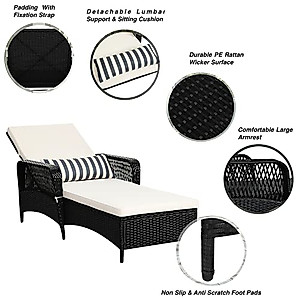 Black PE Rattan Patio Outdoor Chaise Lounge Chair Lounger Recliner Sunbathing Bed Thick Padded Cushion Lumbar Pillow 6 Adjustable Backrest Position Perfect for Poolside Deck Beach Balcony Use