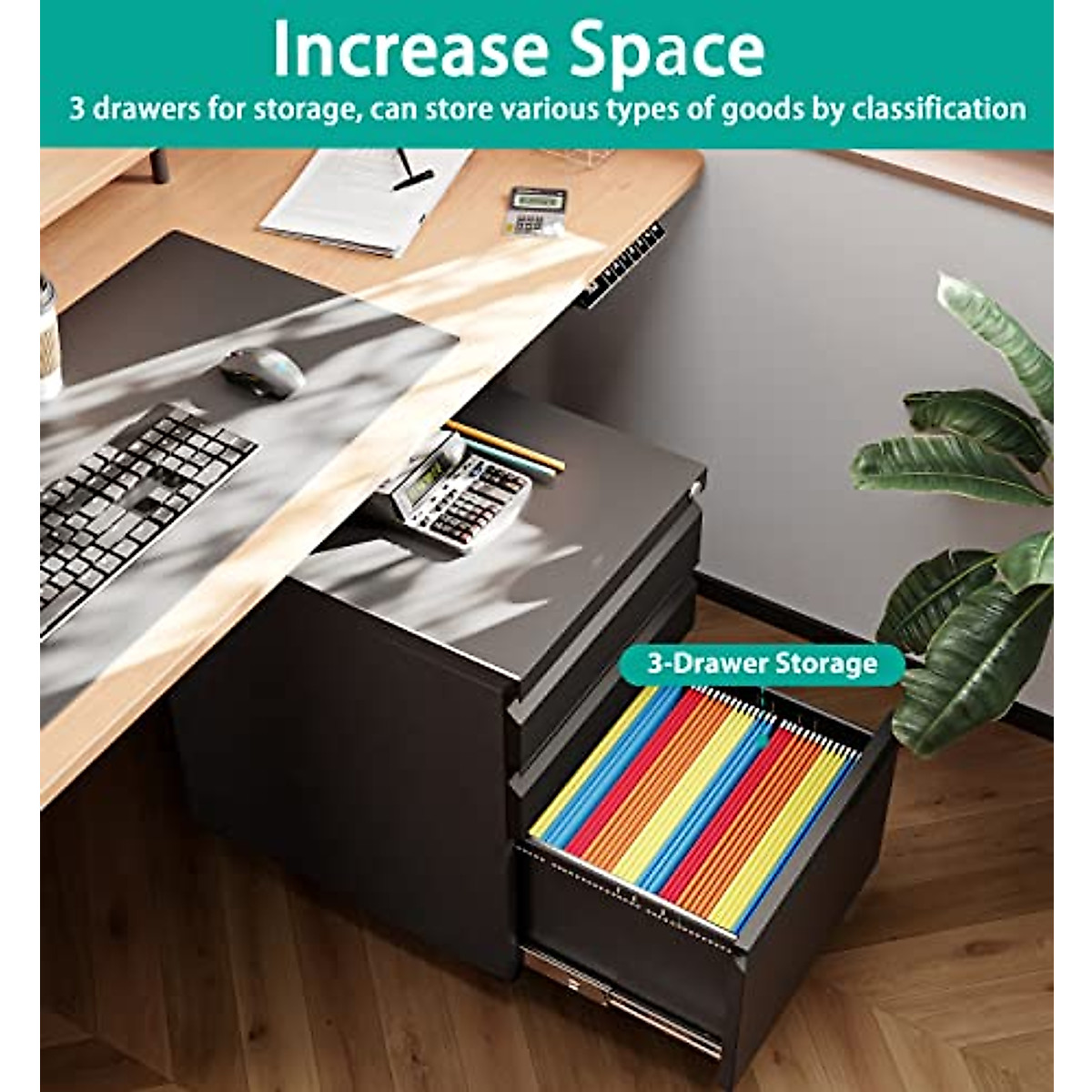 SISESOL 3 Drawer Mobile File Cabinet with Lock,Black Under Desk File Cabinets with Wheels,Rolling Metal Filing Cabinet for Home Office,Fit Legal/Letter/a4 File,Fully Assembled Except Casters