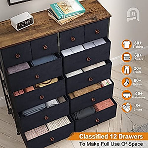 AOPSEN 12 Drawer Tall Dresser, Storage Chests of Drawers, Black Fabric Dresser for Bedroom Closet Nursery Living Room, Wooden Top and Metal Frame, Rustic Brown