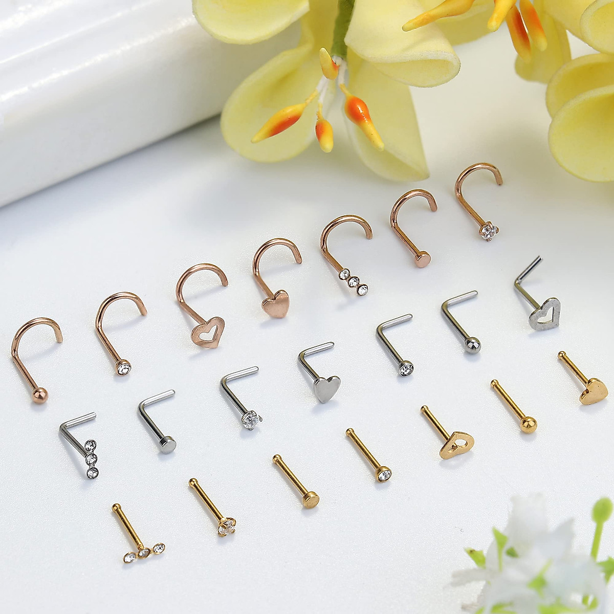 Drperfect 36Pcs 20G Nose Rings Hoop L Shape Screw Bone Nose Studs Stainless Steel Nose Rings Nostril Piercing Jewelry Silver Gold Rose Gold Tone Set Body Jewelry for Women Men