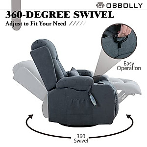 OBBOLLY Swivel Rocker Recliner Chair with Massage, Manual Glider Rocking Recliner Chair, Wingback Design 360° Swivel Chair with Lumbar Pillow, Cup Holders for Living Room (Single, Blue Grey-Linen)