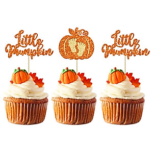 24Pcs Little Pumpkin Cupcake Toppers Glitter Pumpkin Cupcake Picks Little Pumpkin Baby Shower Decorations Fall Harvest Theme Baby Shower Kids Birthday Party Supplies