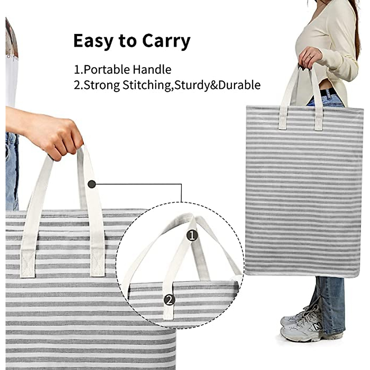 Chrislley 72L Freestanding Laundry Hamper with Handle Large Laundry Basket Laundry Bin Collapsible Dirty Clothes Basket Cotton Storage Basket for Clothes(Striped Grey)