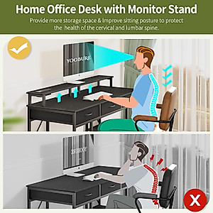 Yoobure Computer Desk with Drawers, Office Desk with LED Lights & Outlets, Small Desk with Storage Shelves, Gaming Desk 48" Home Office Desks with Monitor Stand, Writing Desk for Bedroom Small Spaces