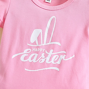 Toddler Baby Girl Easter Outfit Ruffle Short Sleeve T-Shirt Top Bunny Print Suspender Skirt 2Pcs Clothes Set (Pink, 3-4T)