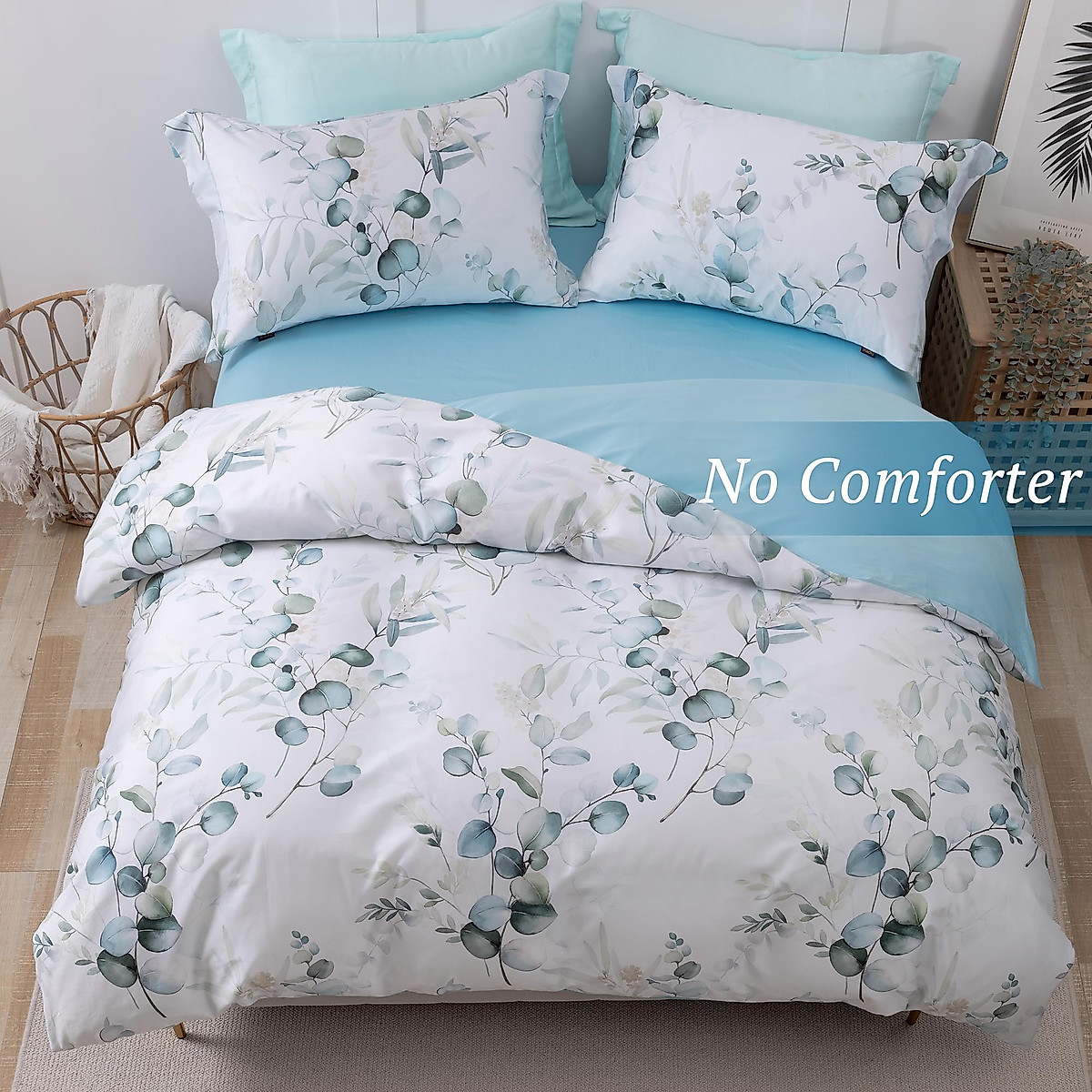 MILDLY 100% Long-Staple Cotton Duvet Cover Set Baby Blue Teal Gradient Leaf Pattern Printed Comforter Cover 3pcs, Ultra Soft & Breathable Bedding Set