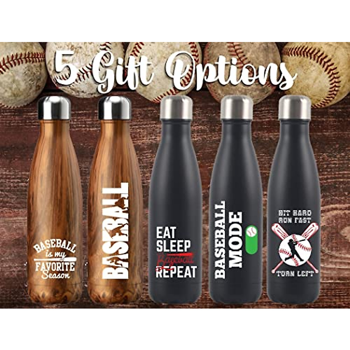 Onebttl Baseball Gifts for Boys, Eat Sleep Baseball Repeat, Stainless Steel 17Oz Water Bottle, Black