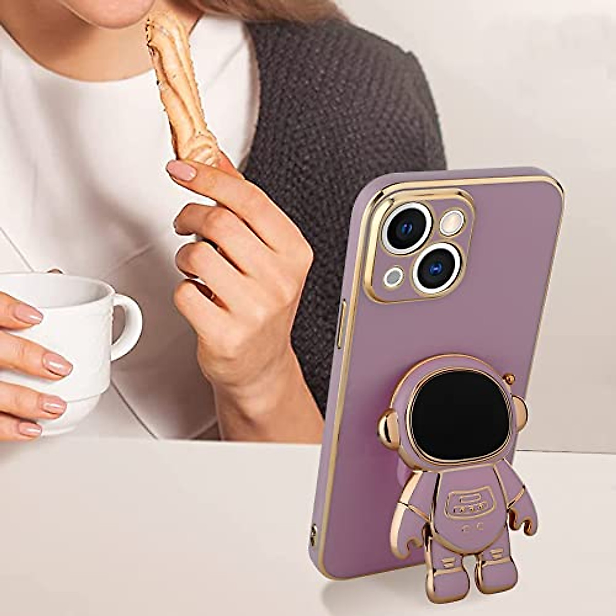 AIGOMARA 6D Plating Astronaut Hidden Stand Case Cover for iPhone 13 Women Astronaut Folding Bracket Kickstand iPhone Case with Camera Protector Soft TPU Shockproof Bumper 6.1 in 2021 - Purple