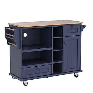 Polibi Kitchen Island Cart,Kitchen Island Table with Storage/Two Locking Wheels/Solid Wood Desktop,Microwave Cabinet,Floor Standing Buffet Server Sideboard for Kitchen Room,Dining Room(Dark Blue)