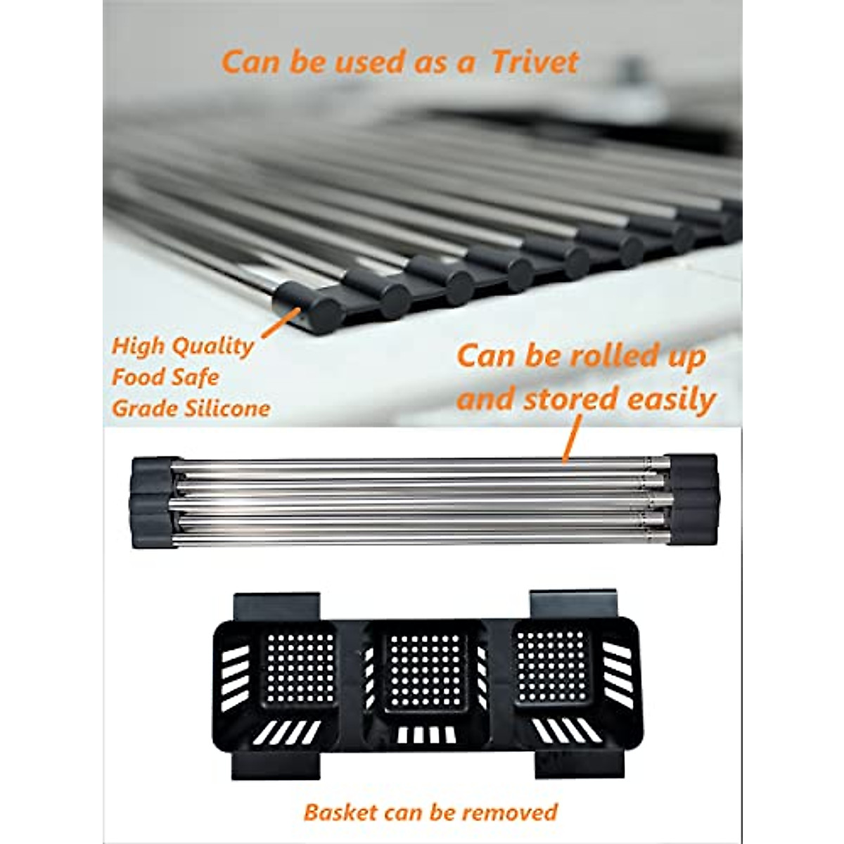 Cooktensil Roll Up Dish Drying Rack Stainless Steel Telescopic Over The Sink Drainer Extendable up to 22.8 inches (with Rectangle Basket)