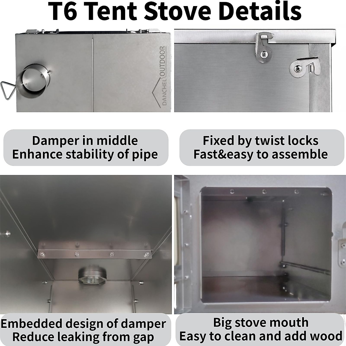 DANCHEL OUTDOOR T6 TA1 Titanium Wood Burning Stove Portable 4.4lbs, Folding Camping Tent Stove Lightweight Small Hot Tent Stove 7.2ft Chimney Backpacking