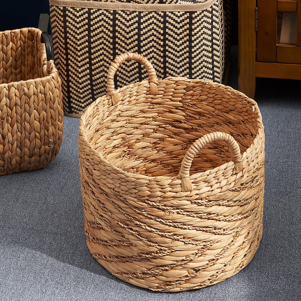 Round Water Hyacinth Seagrass Woven Basket with Handles - 15" x 15" x 15" - Natural Brown - For Clothes, Towels, Canvas, Toys and Magazine Storage and Home Decoration