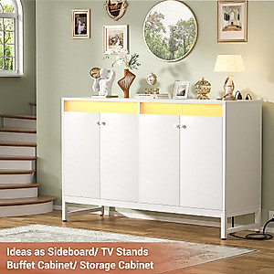 Aheaplus Sideboard Buffet Cabinet with Power Outlet, Kitchen Storage Cabinet with LED Light & Doors, Accent Cabinet Cupboard Buffet Table with Storage for Dining Room, Living Room, Hallway, White
