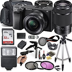 Sony a6400 Mirrorless Camera (Black) with 16-50mm OSS E 55-210mm Lens + Deluxe Bundle Including Sandisk 32GB Card, Case, Flash, Grip Tripod, 50" Tripod, and More