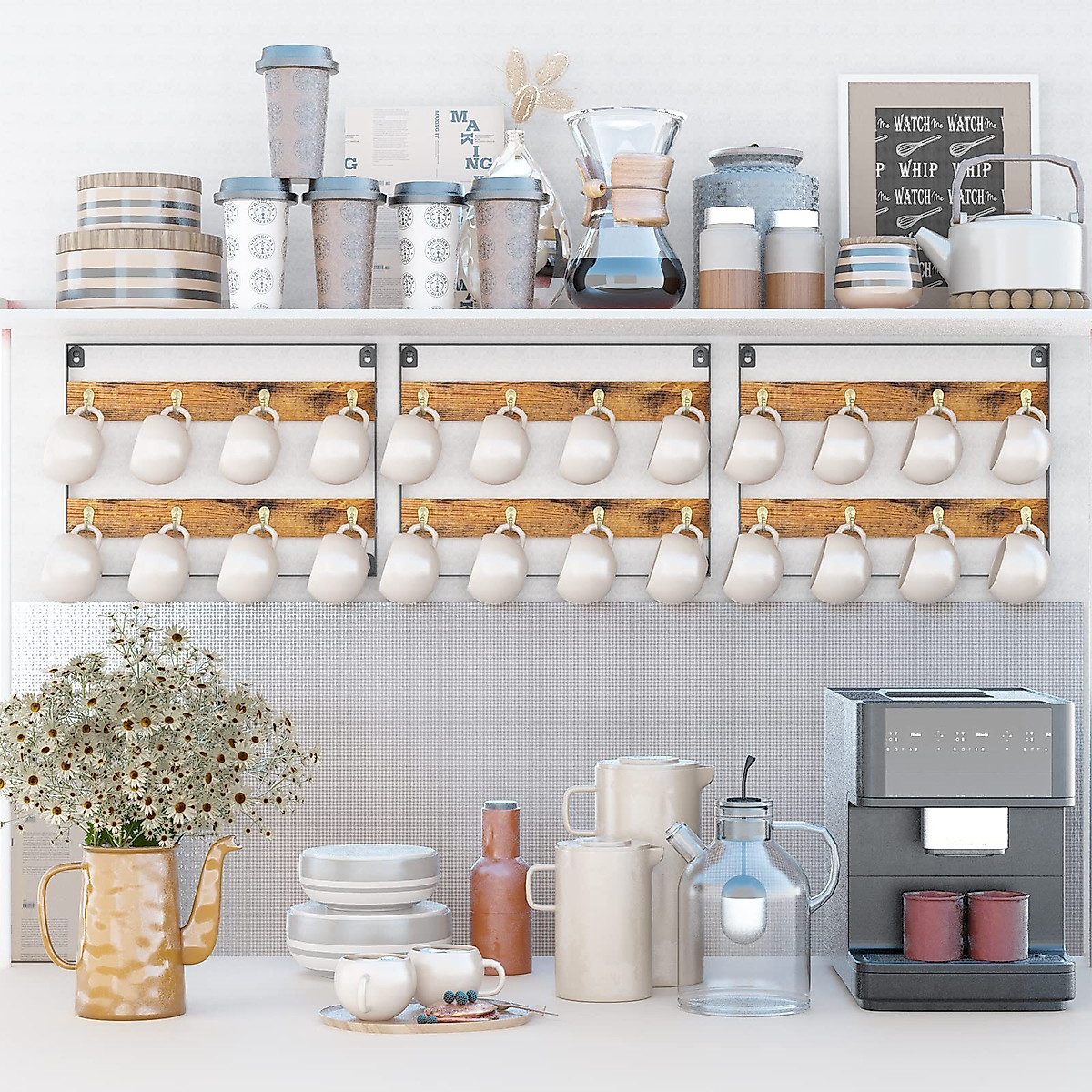 Huxitocan Mug Racks for Wall, Coffee Mug Holder Wall Mount Up to Hold 24 Mugs, Coffee Mug Rack Wall Mounted（3Pack） for Kitchen, Home, Coffee Bar, Rustic Wood and Iron