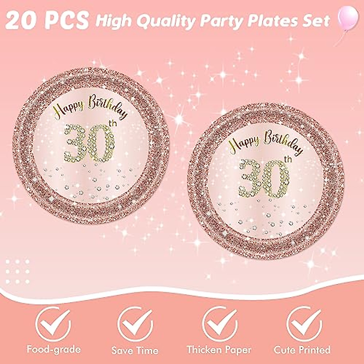41Pcs 30th Birthday Decorations for Women, Rose Gold Birthday Party Supplies Include 20Pcs Plates 20Pcs Napkins and 1Piece Tablecloth, Pink 1993 Aged Birthday Party Tableware for 20 Guests