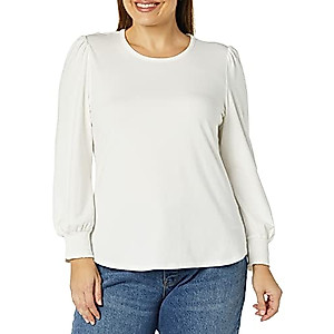 Amazon Essentials Women's Long-Sleeve Crewneck Smocked Cuff T-Shirt, White, Small