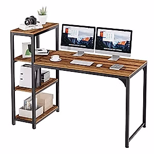 DESIGNA Computer Desk with 4 Tier Shelves, 55 Inch Heavy Duty Writing Study Table with Bookshelf, Modern Simple Style Steel Frame Wood for PC Table, Archaize Brown