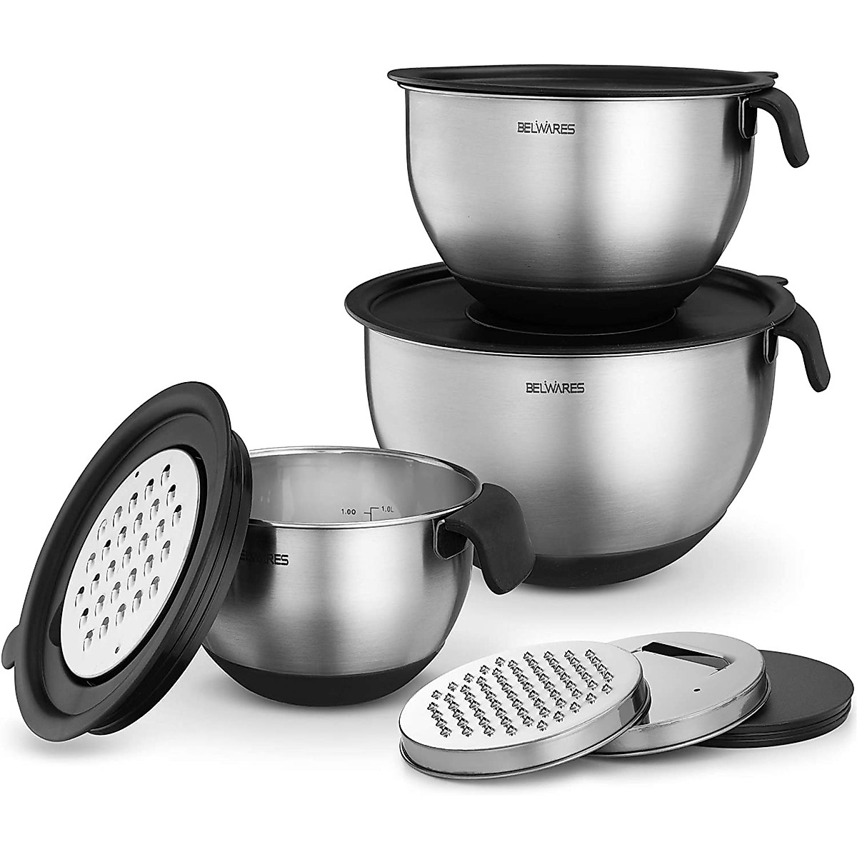 Belwares Mixing Bowls with Lids Set - Nesting Bowls with Graters, Handle, Pour Spout, Airtight Lids - Stainless Steel Non-Slip Mixing Bowl for Cooking, Baking, Prepping, Food Storage (Set of 3)