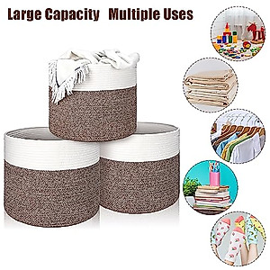 Jinei 3 Pcs Large Cotton Rope Basket 13.8'' x 11.8'' Blanket Basket Toy Storage Basket Clothes Hamper Woven Baskets with Handle Baby Laundry Basket Nursery Bin for Living Room Bathroom Bedroom Decor