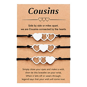 UNGENT THEM Cousin Gifts for Women, 3 Cousin Matching Heart Bracelets Birthday Christmas Gifts for Cousins Women