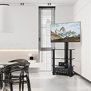 Rfiver Swivel TV Stand with Mount for 32"-70" Flat Screen, Slim Corner Entertainment Floor TV Mount with 4-Tier Tempered Glass Media Shelves, Height Adjustable and Cable Management